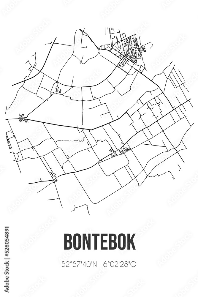 Abstract street map of Bontebok located in Fryslan municipality of Heerenveen. City map with ...