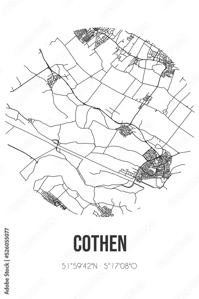 Abstract street map of Cothen located in Utrecht municipality of Wijk ...