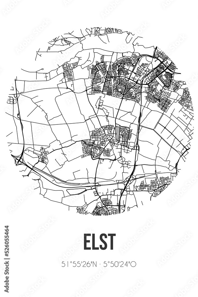 Abstract street map of Elst located in Gelderland municipality of ...