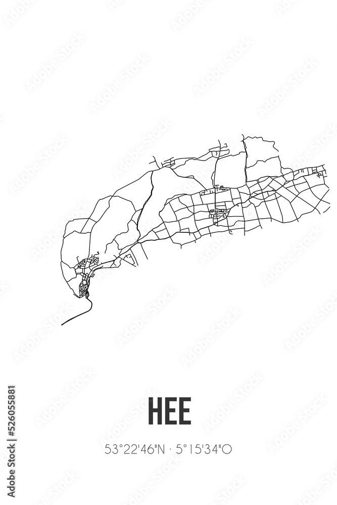 Abstract street map of Hee located in Fryslan municipality of Terschelling. City map with lines ...