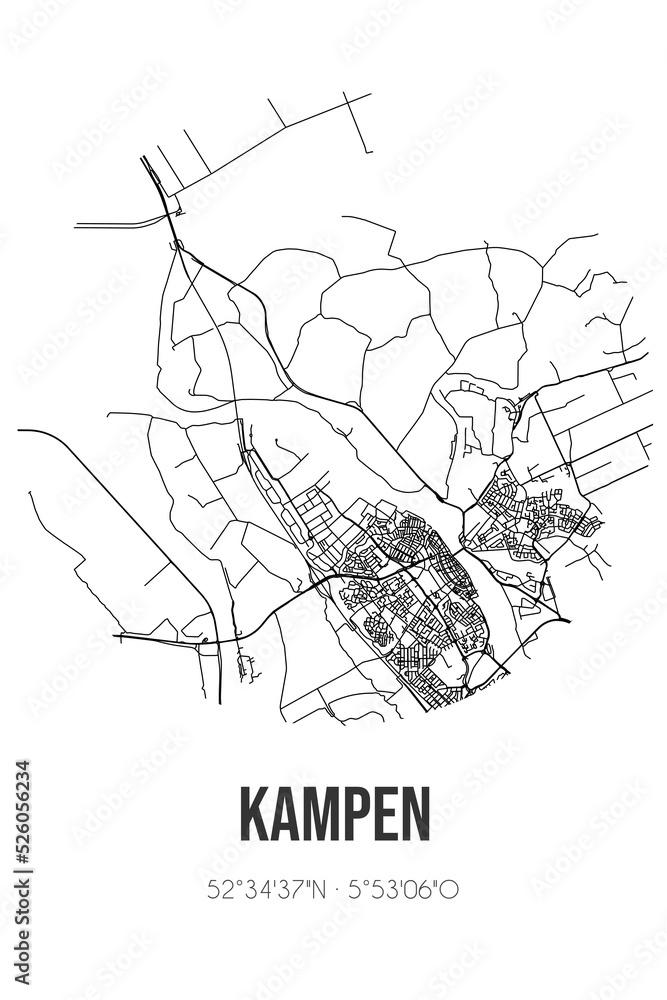 Abstract street map of Kampen located in Overijssel municipality of ...