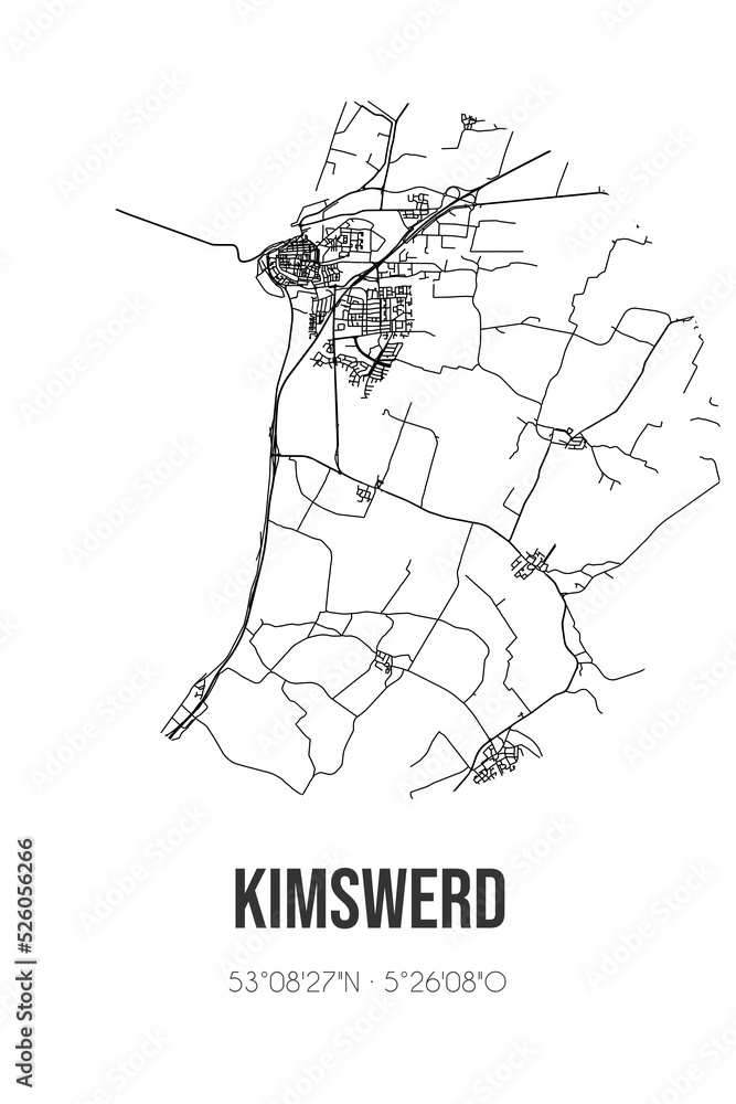 Abstract street map of Kimswerd located in Fryslan municipality of Sudwest-Fryslan. City map ...