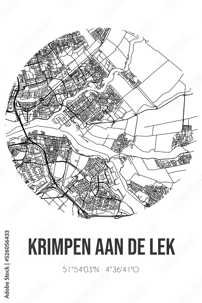 Abstract street map of Krimpen aan de Lek located in Zuid-Holland ...