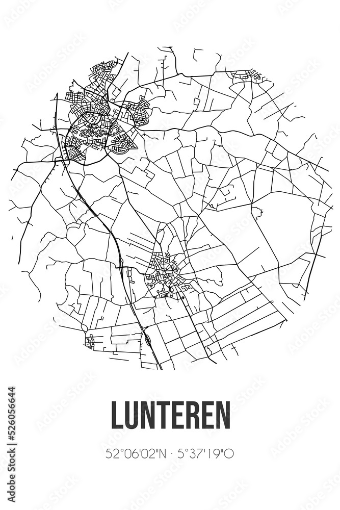 Abstract street map of Lunteren located in Gelderland municipality of ...