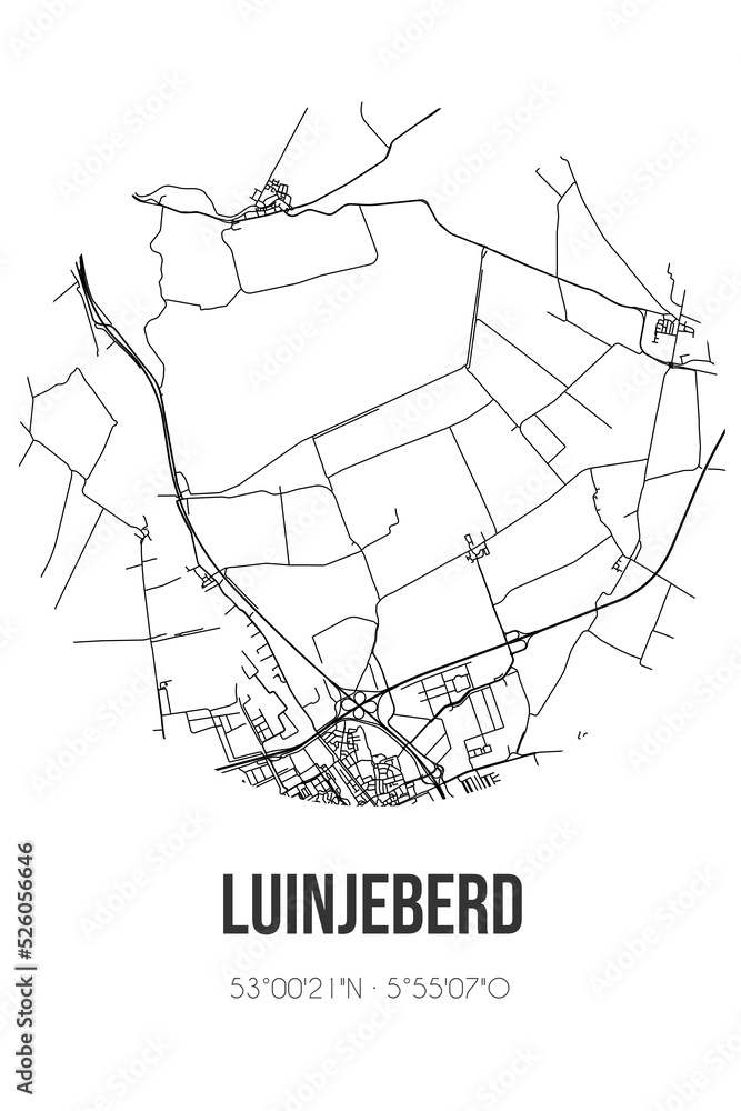 Abstract street map of Luinjeberd located in Fryslan municipality of Heerenveen. City map with ...