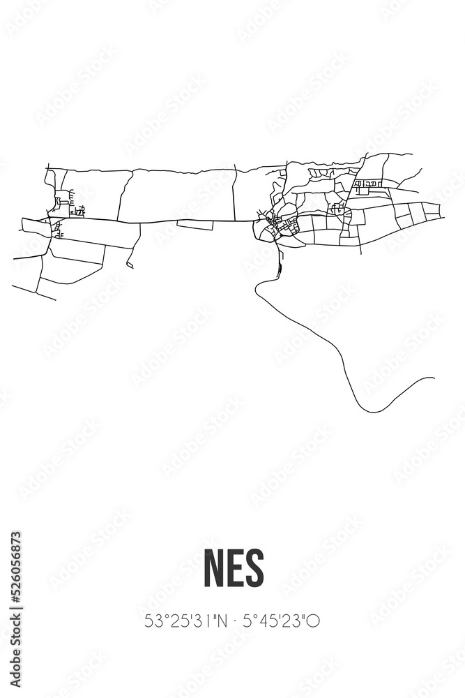 Abstract street map of Nes located in Fryslan municipality of Ameland. City map with lines Stock ...