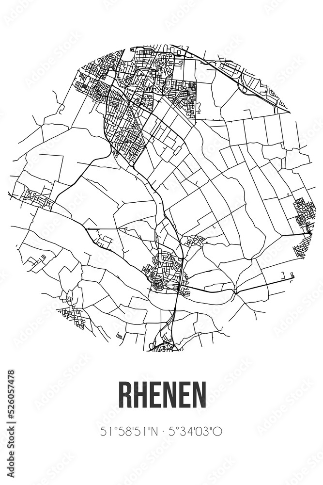Abstract street map of Rhenen located in Utrecht municipality of Rhenen. City map with lines ...
