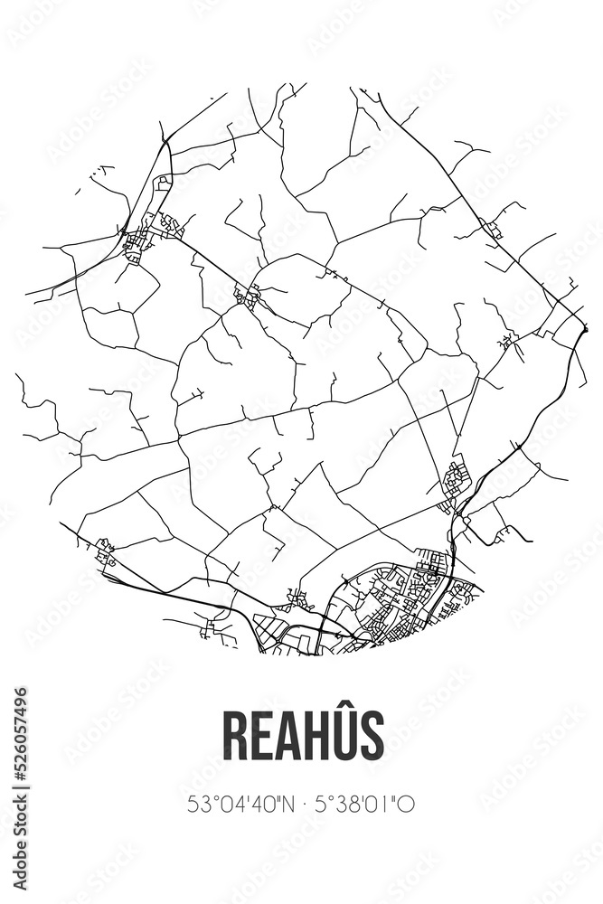Abstract street map of Reahûs located in Fryslan municipality of Sudwest-Fryslan. City map with ...