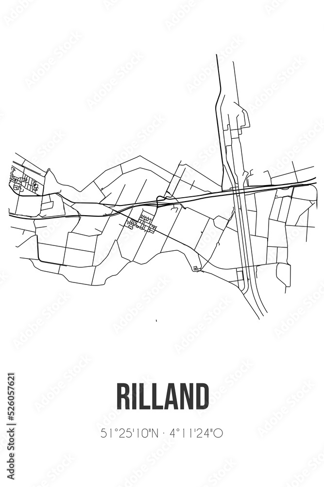 Abstract street map of Rilland located in Zeeland municipality of ...
