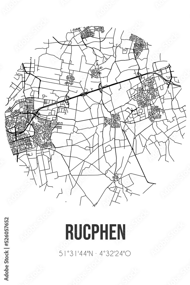 Abstract street map of Rucphen located in Noord-Brabant municipality of ...