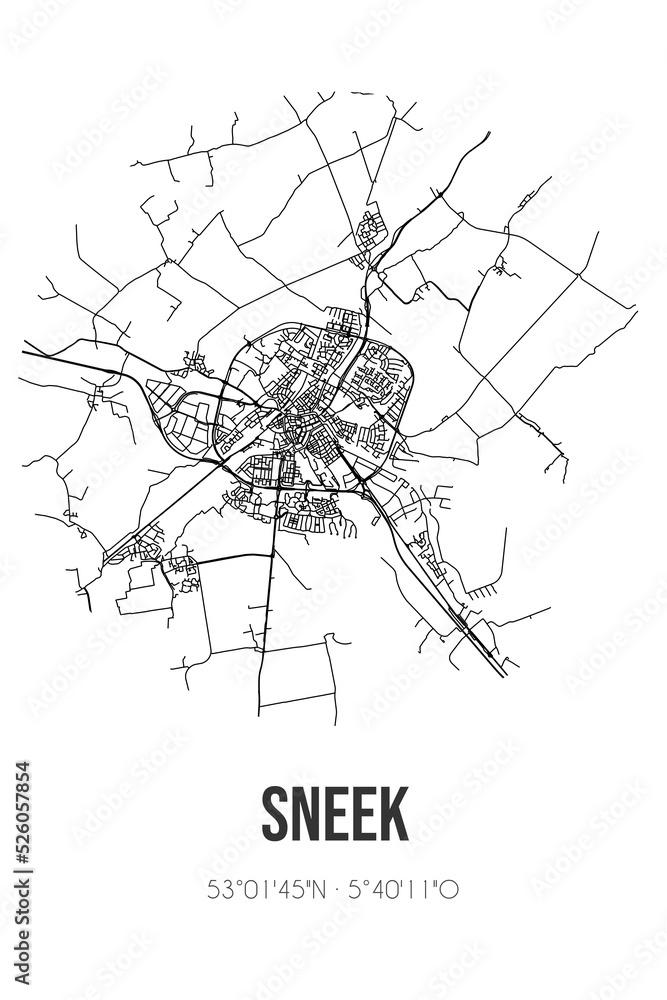 Abstract street map of Sneek located in Fryslan municipality of Sudwest-Fryslan. City map with ...