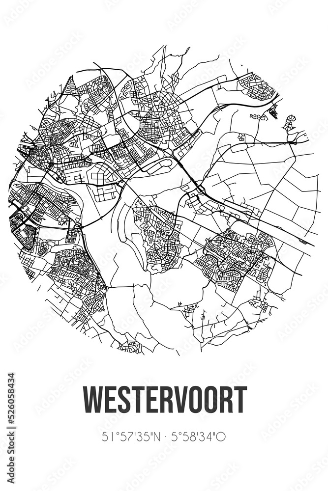 Abstract street map of Westervoort located in Gelderland municipality ...