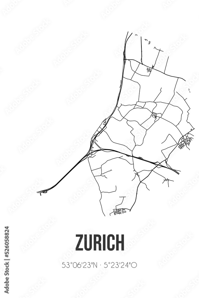 Abstract street map of Zurich located in Fryslan municipality of Sudwest-Fryslan. City map with ...