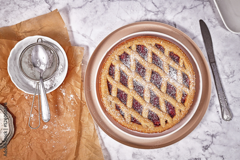 Poster Top view of pie called 'Linzer Torte', a traditional Austrian ...