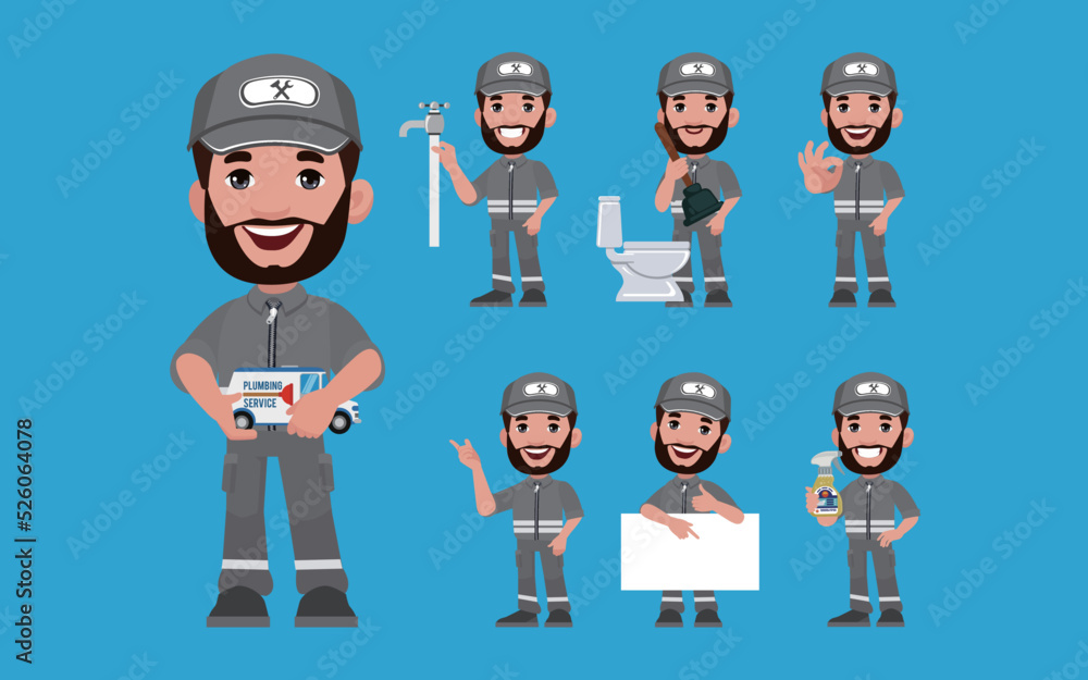 Plumber character with different poses Stock Vector | Adobe Stock
