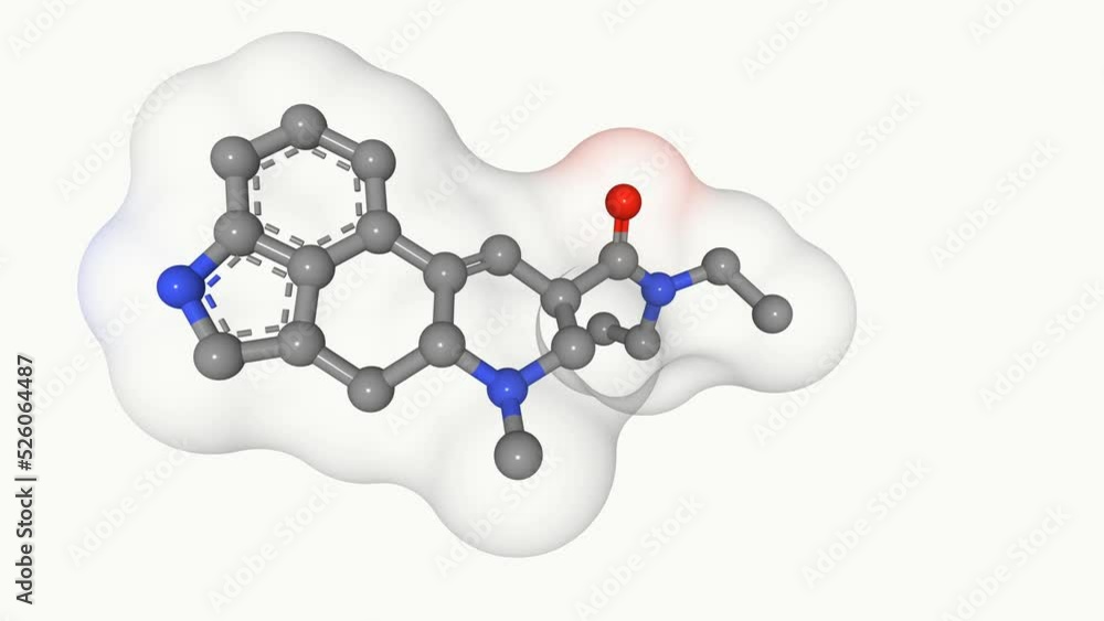 An LSD molecule rendered in 3D as ball-and-stick model (carbon atoms in ...