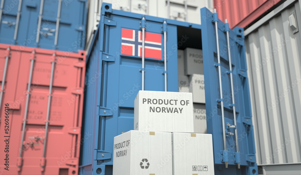 Cargo containers and boxes with products from Norway. National industry ...