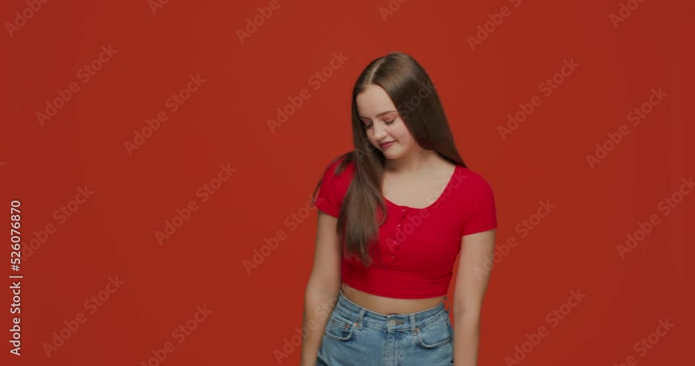 Embarrassed Shy Young Girl Smiling Posing Flirting Fixes Her Hair