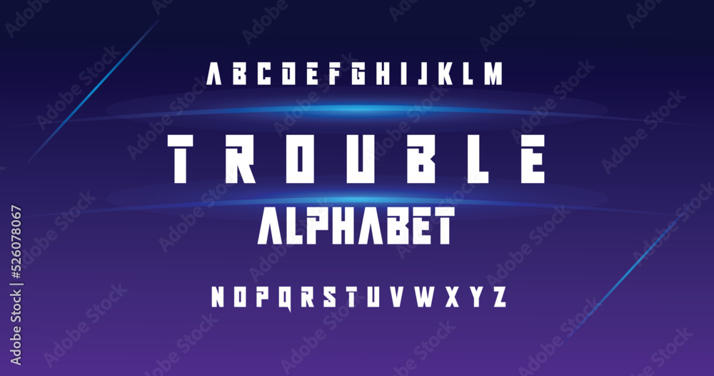 TROUBLE Sports minimal tech font letter set. Luxury vector typeface for company. Modern gaming ...