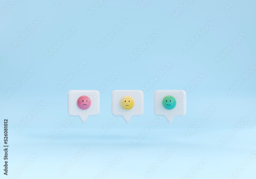 Customer feedback, emoji in chat bubbles on scale from bad through ...