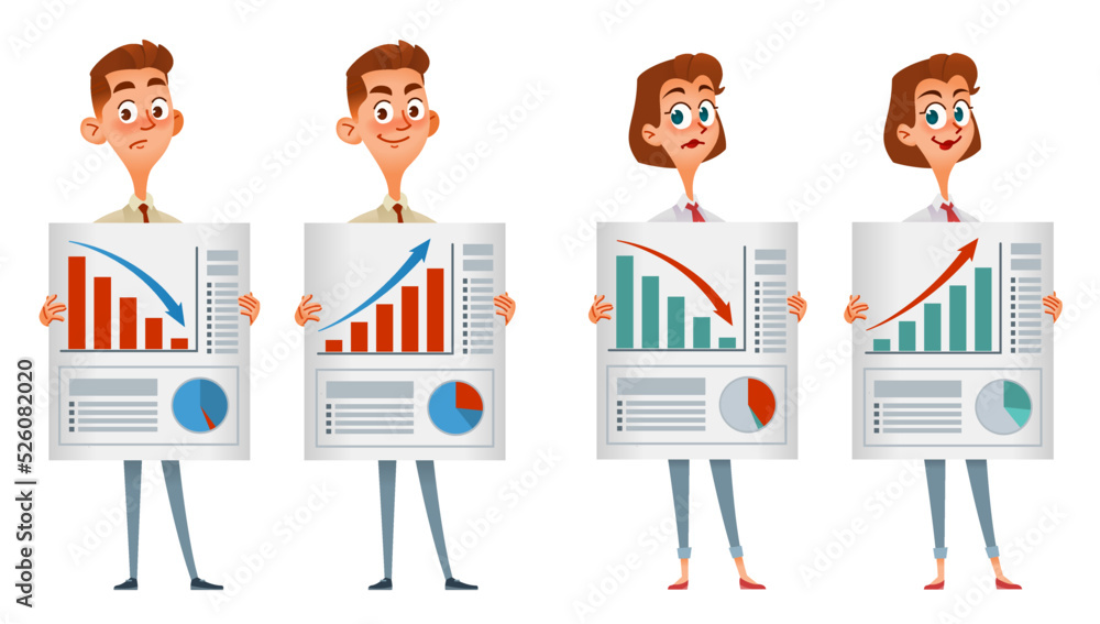 Set of cartoon business man and woman holding decreasing chart and ...