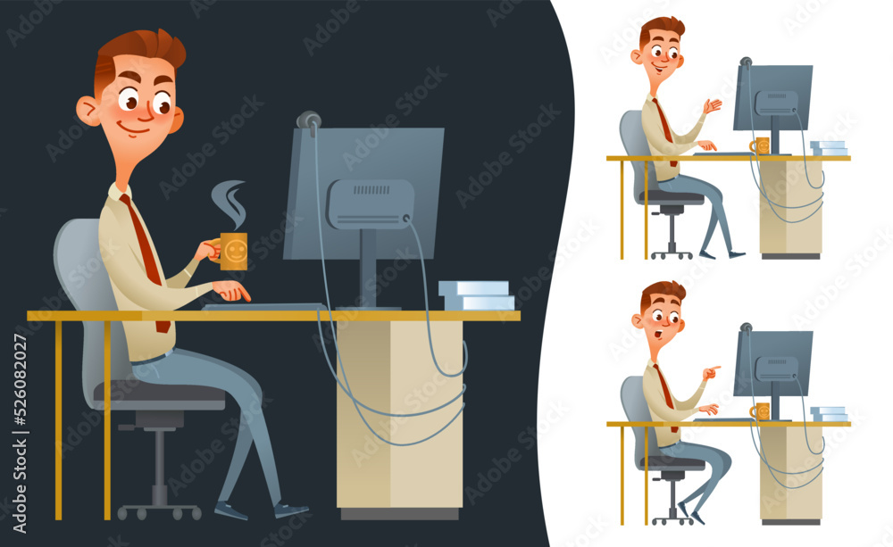 Set of funny man with a cup of tea at the computer reacts emotionally ...