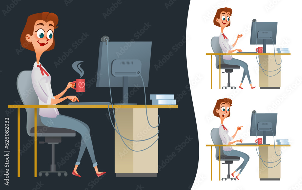 Set of cartoon girl, office worker or businesswoman, with a cup of tea ...