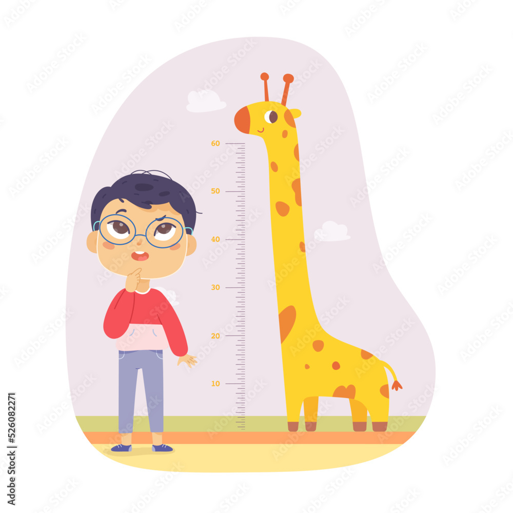 Boy measure height with inch ruler and cheerful giraffe vector ...