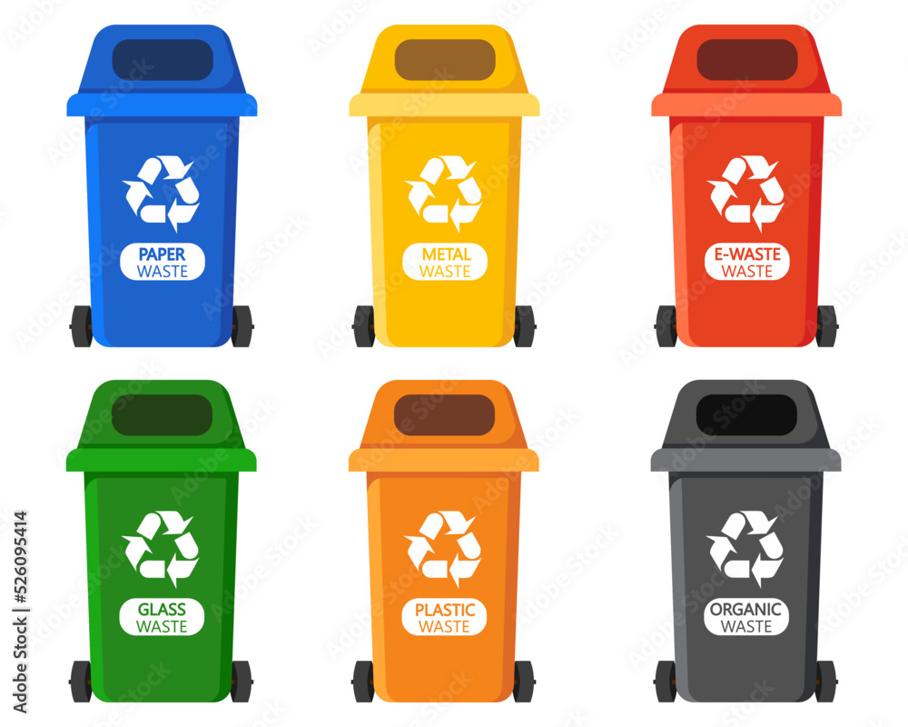 Different colored recycle waste bins. Waste types segregation recycling ...
