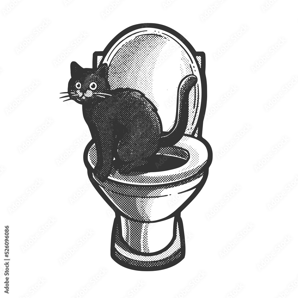 cat sitting on the toilet sketch engraving vector illustration. Scratch ...