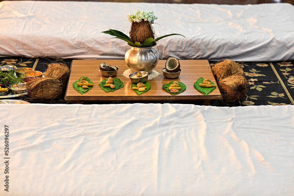 Special Table With Coconut For Engagment. Hindu Worship Ceremony and ...
