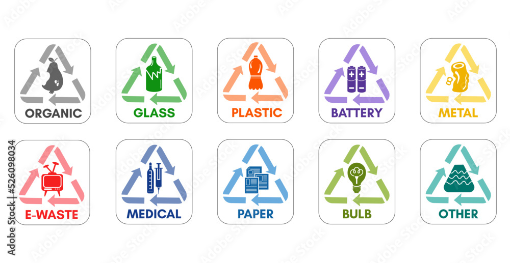 Waste sorting icon vector set. Organic, glass, plastic, metal and paper ...