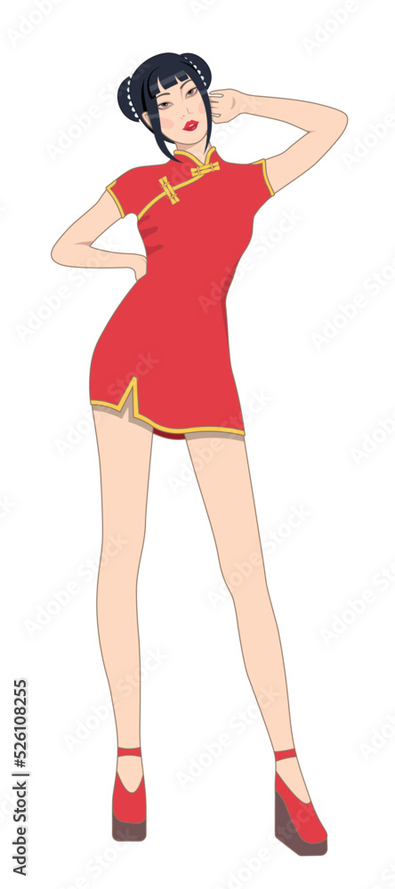 Chinese girl with long legs. Beautiful woman with red qipao. Chinese ...