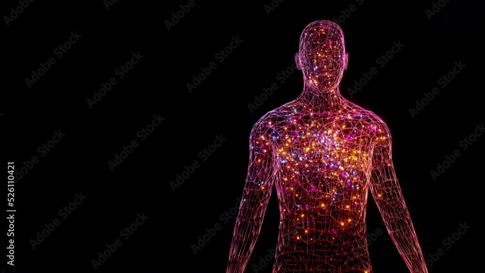 Animation of a wireframe male human body with particles inside with ...