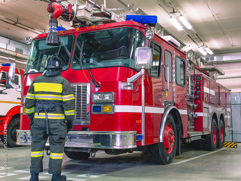 A firefighter in special clothes stands in front of a fire truck. A ...
