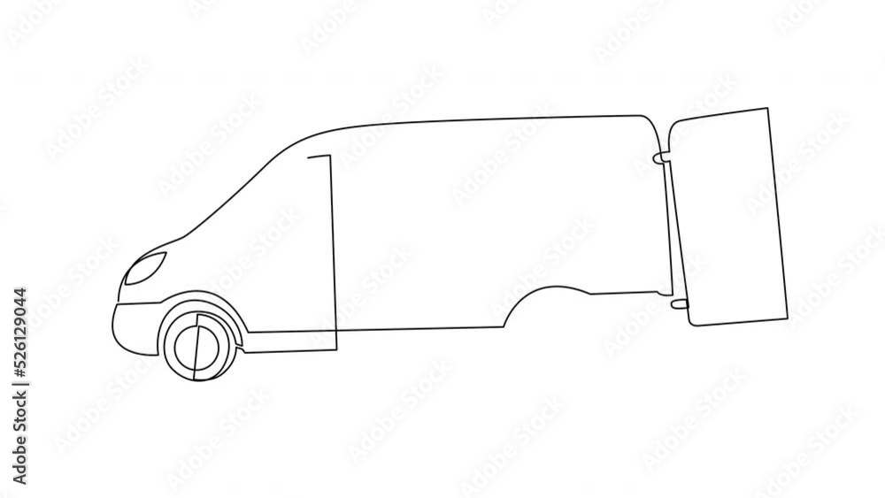 Self drawing animation of cargo van with open doors. Continuous one ...