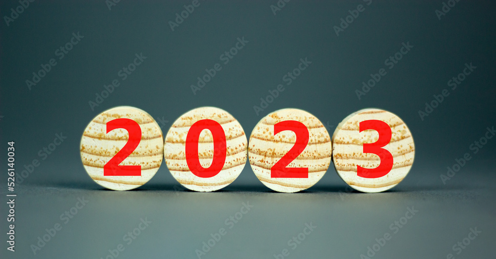 2023 happy new year symbol. Wooden circles symbolize the change from ...