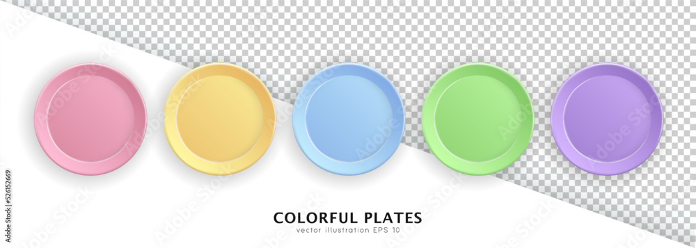 Collection of 3d colorful round empty plates isolated on white and ...