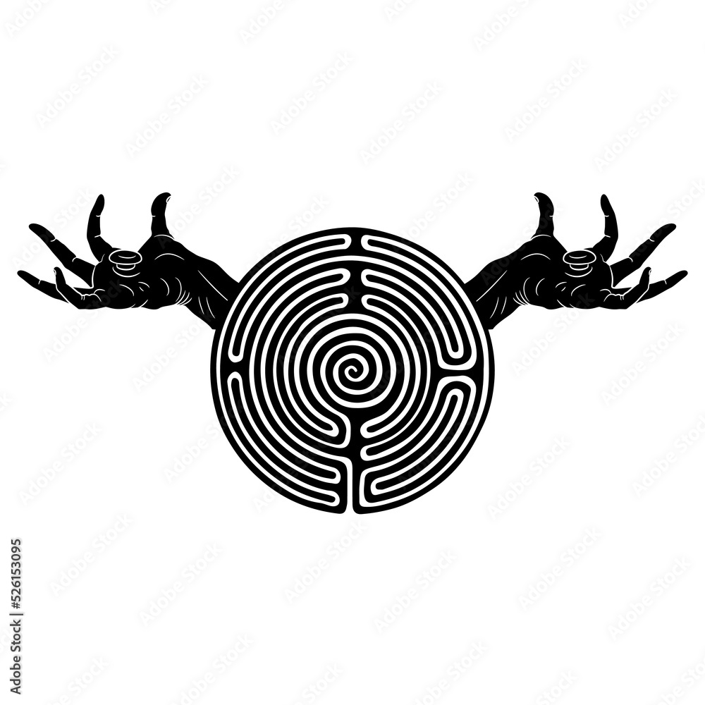 Round spiral maze or labyrinth symbol with twisted nailed hands of ...