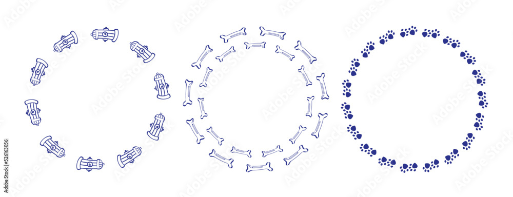 Cute round dog frames. Border with bone, paw, hydrant in doodle style ...