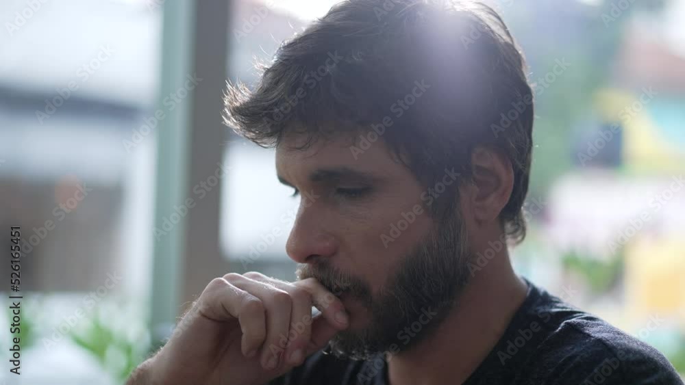 Thoughtful man thinking solution. One pensive person pondering solving ...