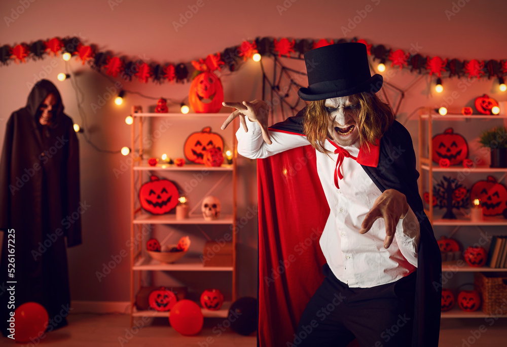 It's spooky season. Adult man dressed in Halloween costume of crazy ...