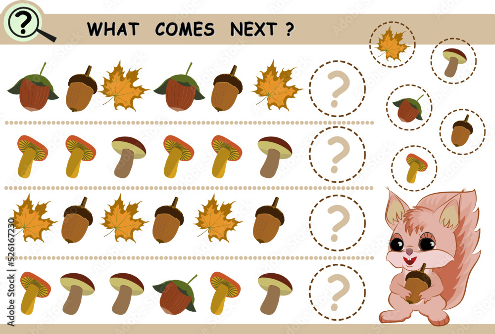 What comes next, continue the row of objects, acorns, mushrooms, leaves ...