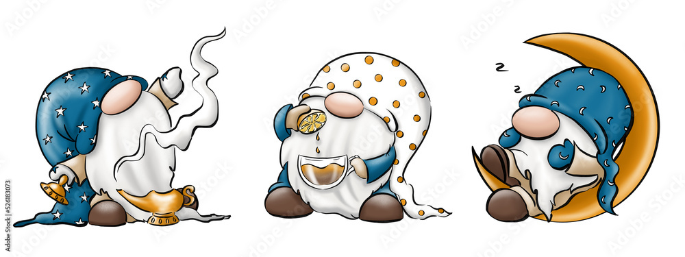 Cute gnomes in gnome hat. Gnome with magic lamp and spirit, making a ...