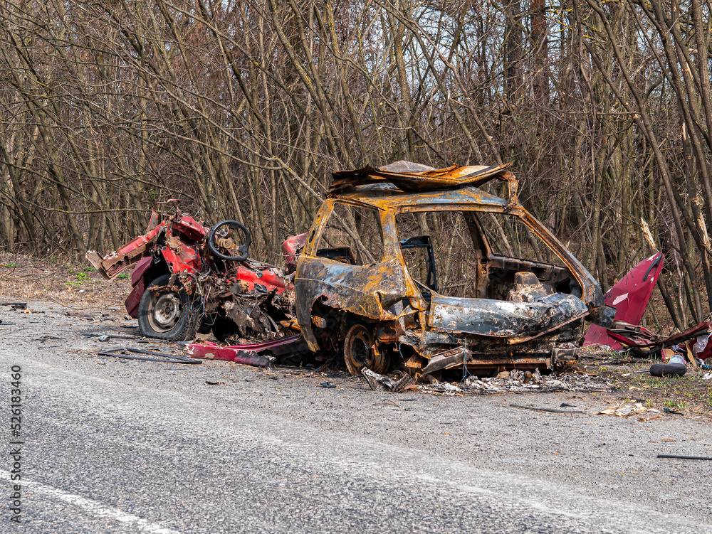 .Road traffic accident of a car with fire. Car accident. Road in the ...