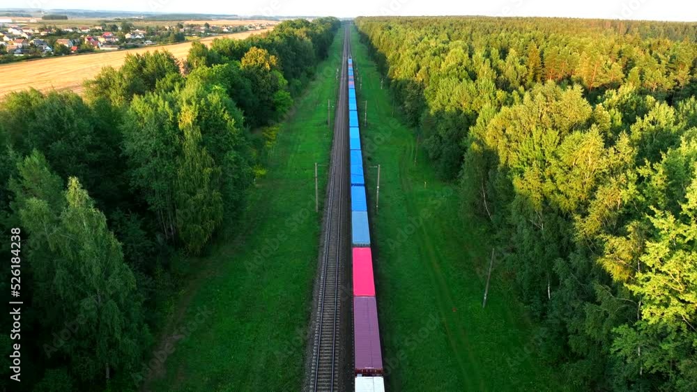 Shipping containers transportation on freight train by railway. Cargo ...