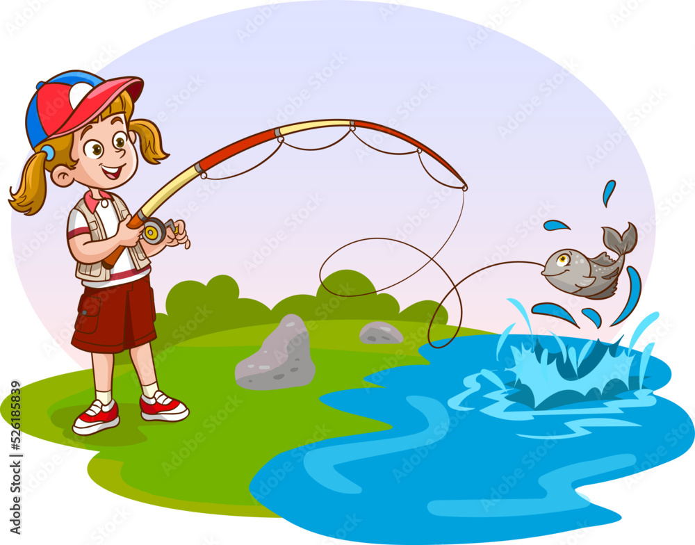 Vector Illustration of a cute little girl fishing in cartoon style ...