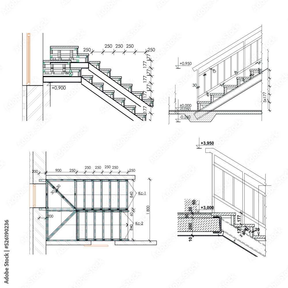 Detailed architectural plan of stairs, construction industry vector ...