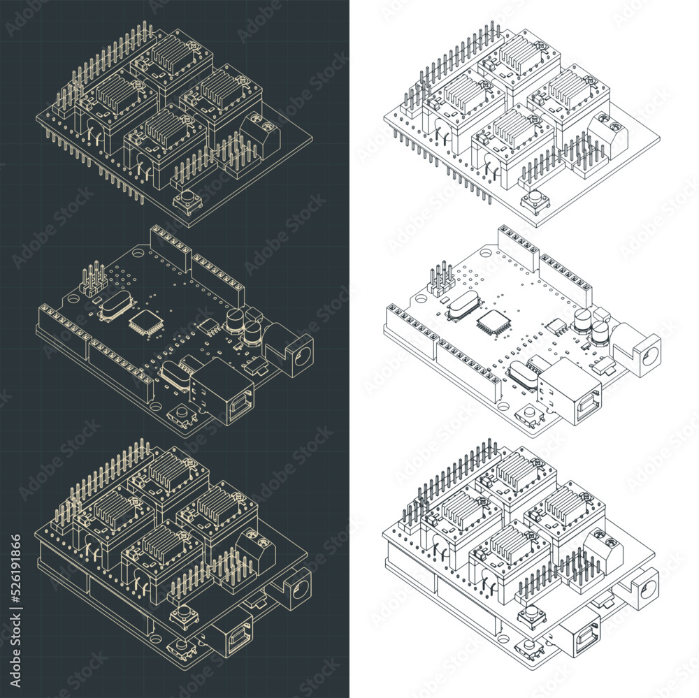 Arduino Uno and CNC shield drawings Stock ベクター | Adobe Stock