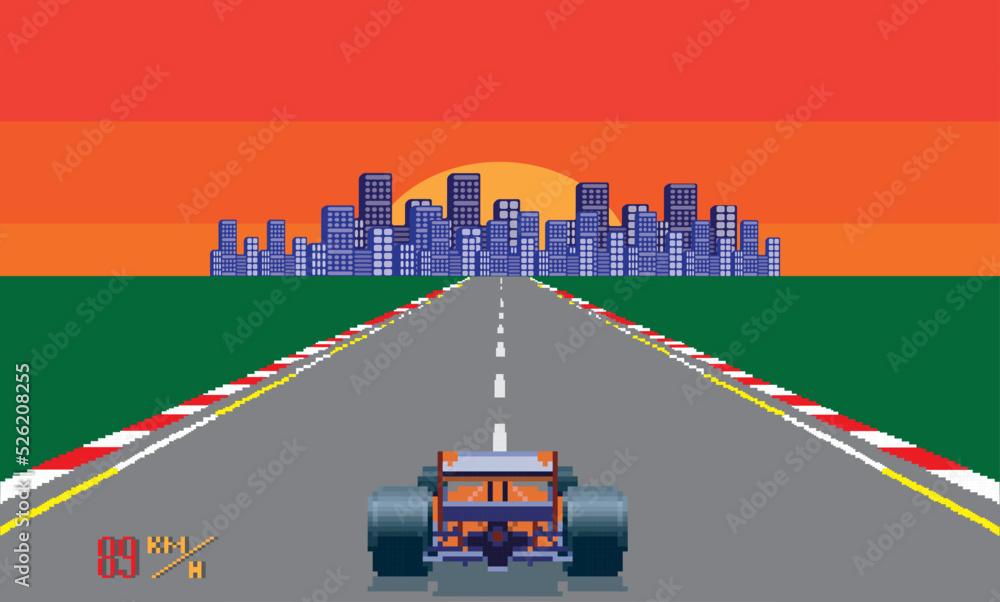 pixelated retro arcade racing car formula. pixel city background Stock ...